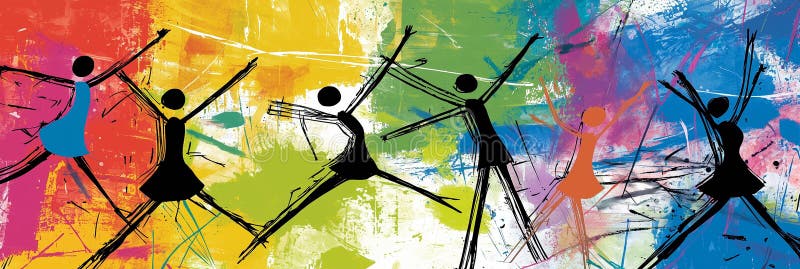 Vibrant Dancing Stick Figures in Bold Primary Colors Stock Illustration ...