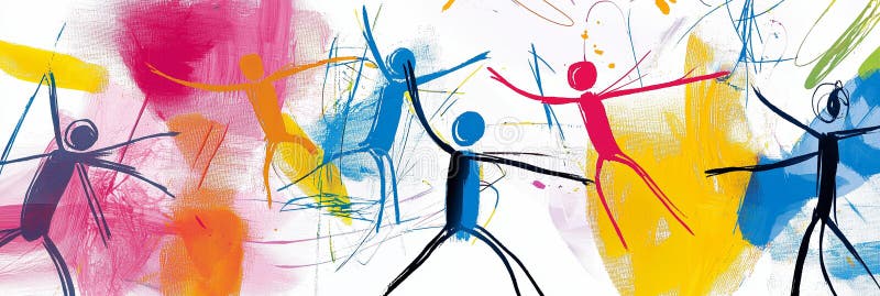 Vibrant Dancing Stick Figures in Bold Primary Colors Stock Illustration ...