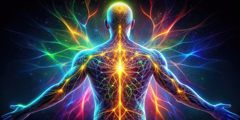 Vibrant Energy Flow a Human Form Illuminated by Cosmic Radiance and ...
