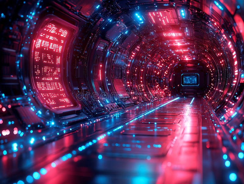 A Vibrant Engine Room Inside a Spaceship, Dominated by Red and Blue ...
