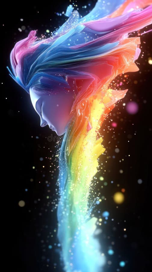 A Vibrant, Ethereal Profile of a Figure with Flowing Rainbow Colors and ...