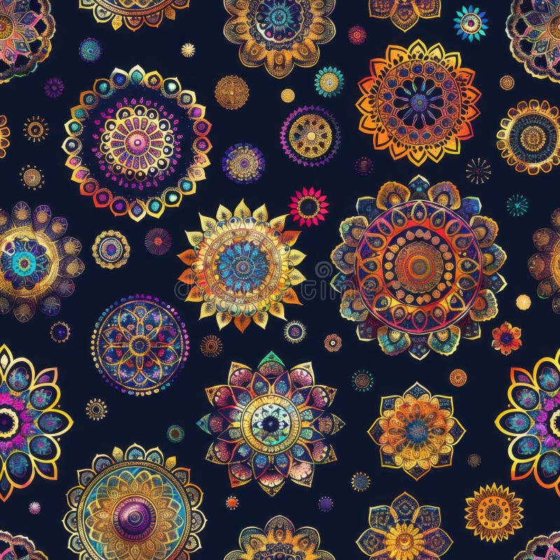 Vibrant Ethnic Mandala Patterns on Dark Background for Cultural Themes ...