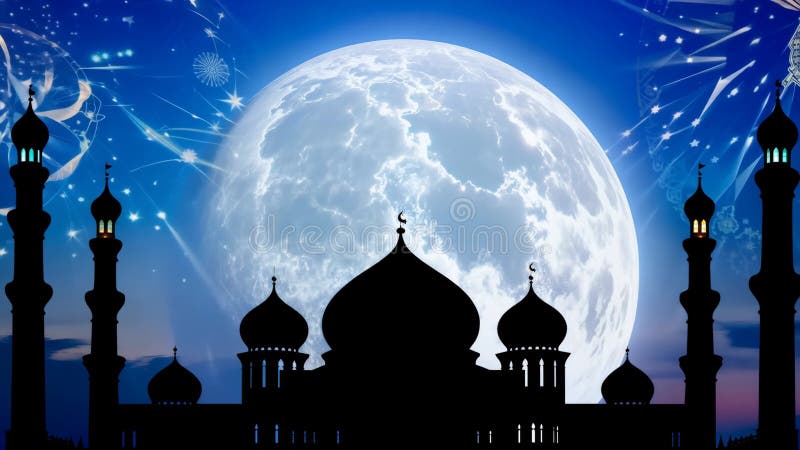 Celebrating Ramadan with Fireworks and Mosque Silhouettes at Sunset in ...