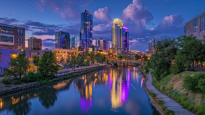 Vibrant Evening Skyline of Downtown Denver Reflecting in Calm River ...