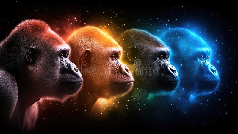 Vibrant Evolution: Four Gorillas in Colorful Cosmic Spectrum Stock ...