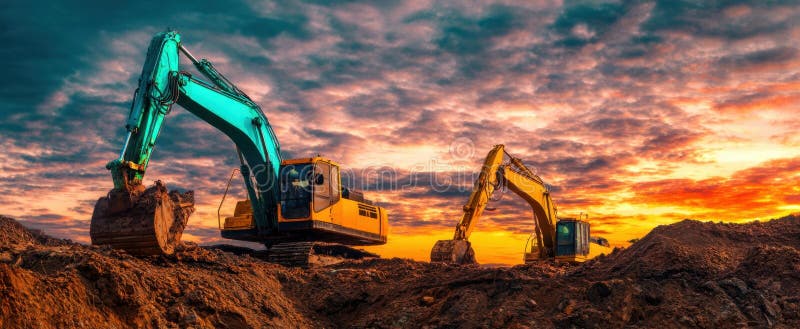 The Vibrant Excavators Working at Sunset in a Construction Landscape ...