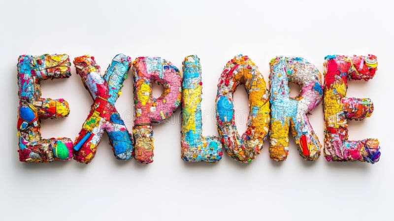 Vibrant EXPLORE Word Art Crafted from Recycled Comic Books, Isolated on ...