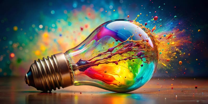 Vibrant Explosion of Color Inside a Glass Lightbulb on a Dark Surface ...