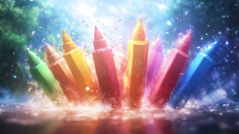 A Vibrant Explosion of Colorful Crayons Against a Dreamy Backdrop Stock ...