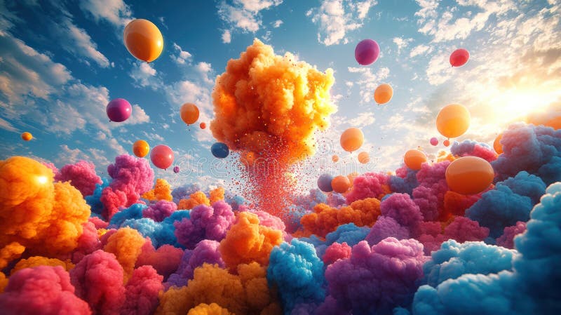 Colorful Explosion of Dust and Bubbles Against a Bright Blue Sky during ...