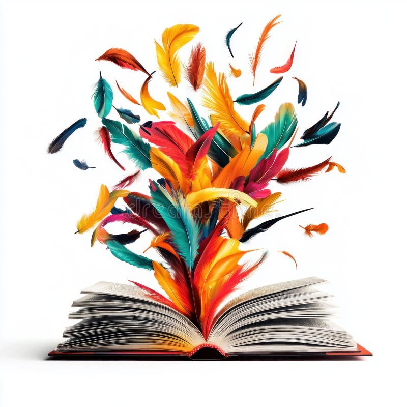 A Vibrant Explosion of Colorful Feathers Erupts from an Open Book ...