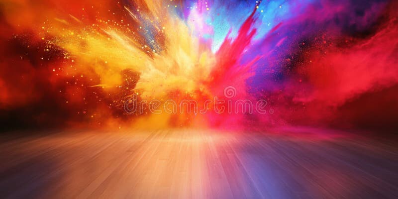 Vibrant Explosion of Colorful Powder on Wooden Floor with Dynamic Light ...