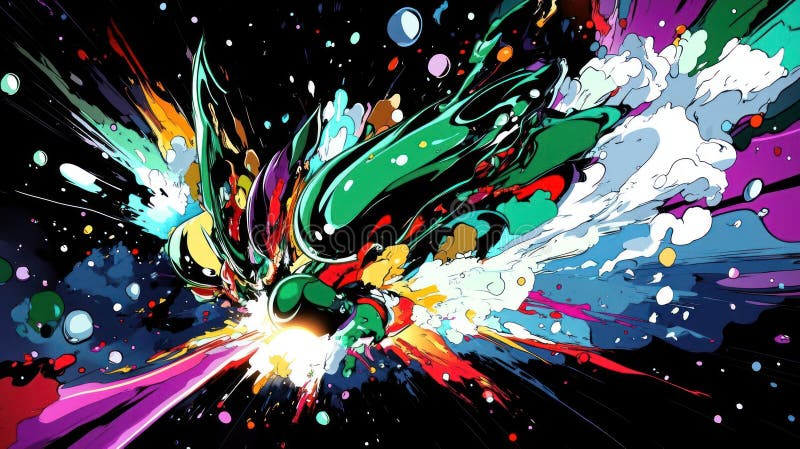 A Vibrant Explosion of Colors Depicting a Dynamic, Action-packed Scene ...