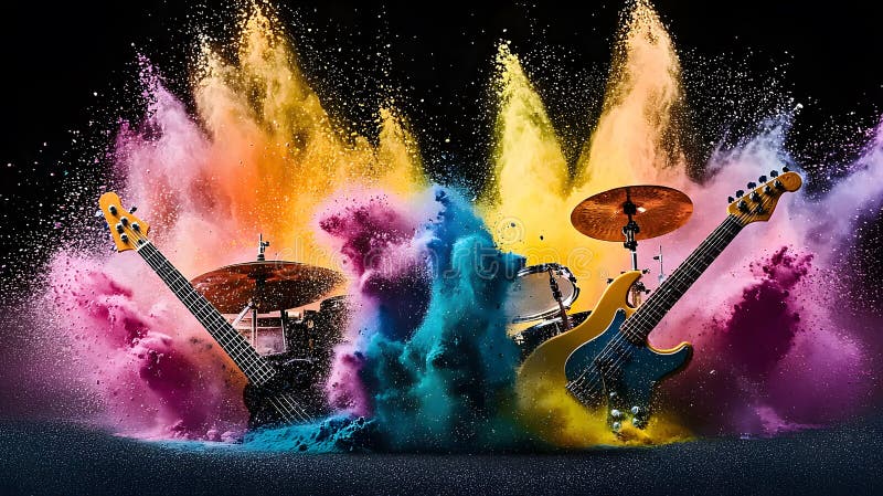 Vibrant Explosion of Colors with Musical Instruments Stock Illustration ...