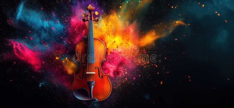 Vibrant Explosion of Colors Surrounding a Classic Violin in Artistic ...
