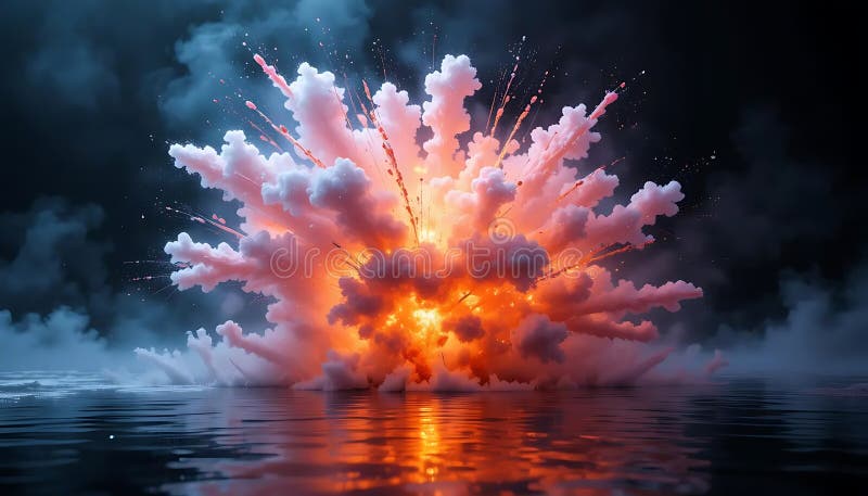 Large Explosion of Orange Light and Pink Smoke Over Water with ...