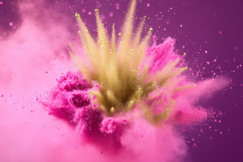 Vibrant Explosion of Pink and Yellow Powder on Purple Background Stock ...