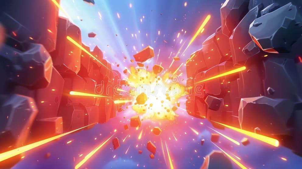 Spectacular Explosion and Energy Beams Amidst Crumbling Rocks Stock ...