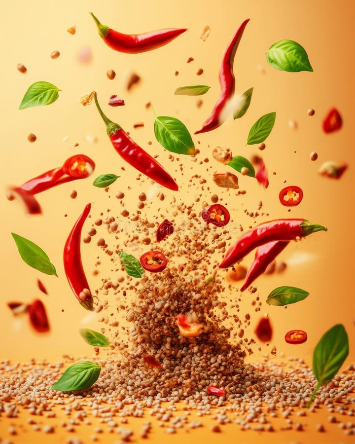 Vibrant Explosion of Spices with Chilli Peppers and Basil Leaves Stock ...