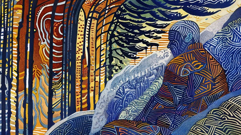 A Vibrant, Expressionist Art Piece Featuring a Figure in a Patterned ...