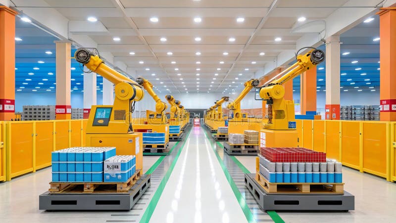 Vibrant Factory Floor with Robotic Arms Assembling Products Efficiently ...