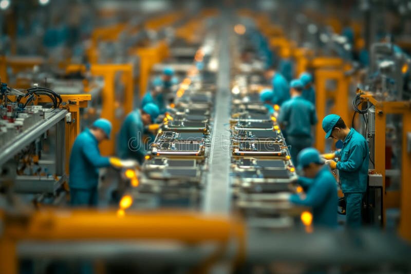 Vibrant Factory Scene Showing Workers in Blue Uniforms Focused on ...