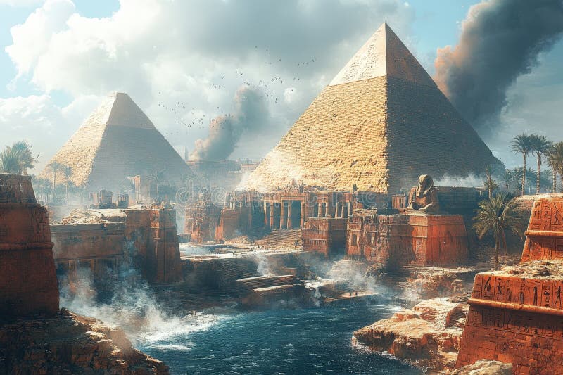 Egyptian Pyramids by a River in Ancient Landscape with Smoke Stock ...