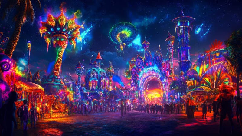 Vibrant Fantasy City at Night with Glowing Lights and Pixelated ...