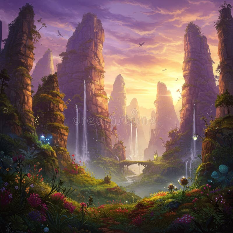 Vibrant Fantasy Landscape with Waterfalls and Sunset Stock Illustration ...