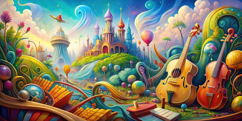A Vibrant Fantasy Realm Melodious Instruments and Abstract Patterns in ...