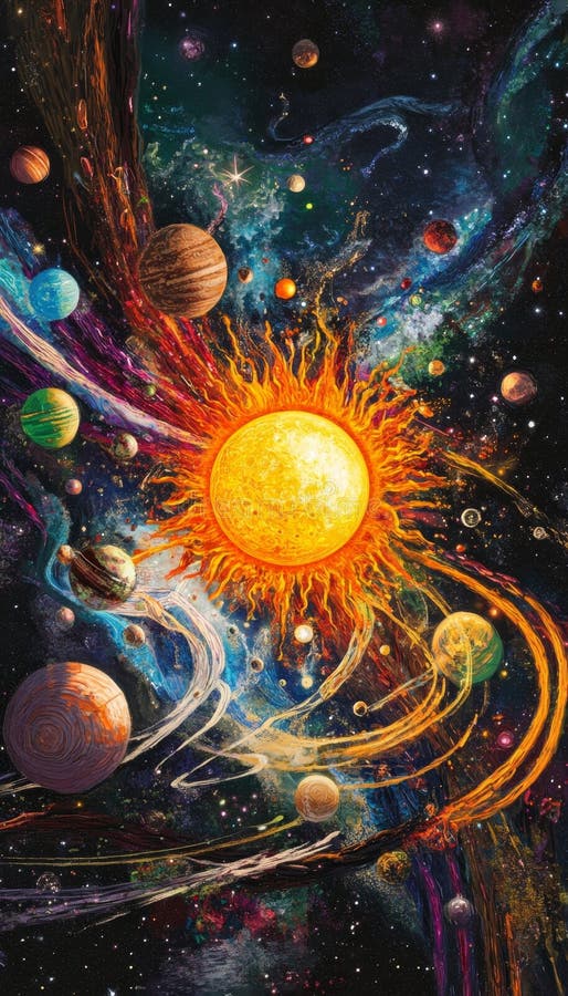 Vibrant Fantasy Solar System Illustration Sun Surrounded by Unique ...