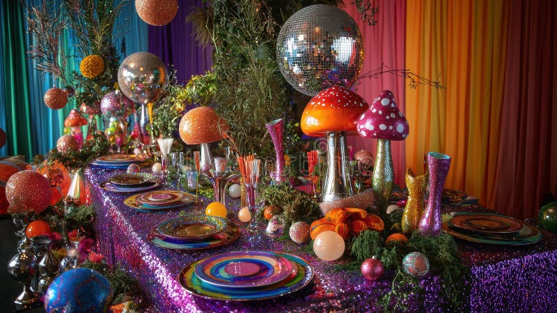 Vibrant Fantasy-themed Dining Table Setup with Colorful Decor and ...