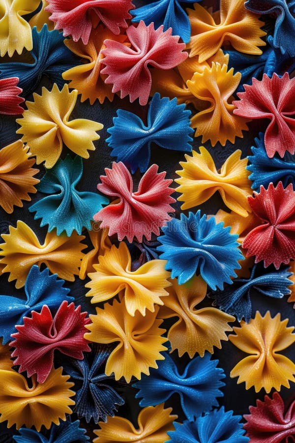Vibrant Farfalle Pasta in a Striking Pattern of Red, Blue, and Yellow ...