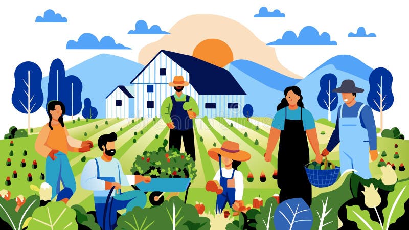 Vibrant Farming Community Harvesting Crops at Sunset Illustration Stock ...