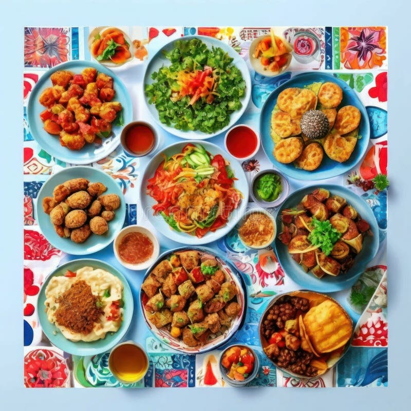 Vibrant Feast with Assorted Dishes and Salads on a Colorful Table, AI ...