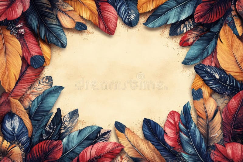 Vibrant Feathers Forming a Border on a Vintage Paper Background ...