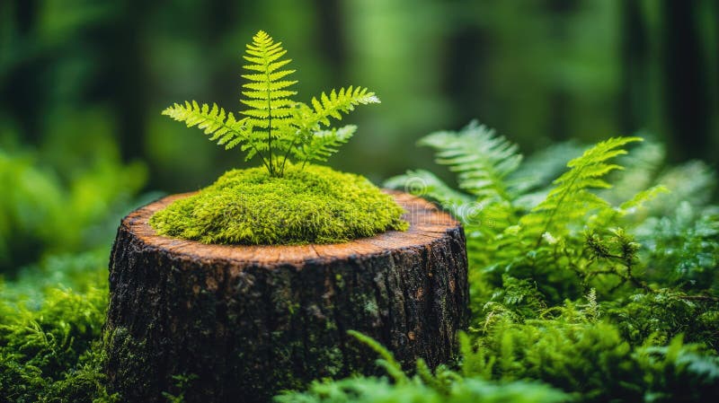 Vibrant Fern Growing on Moss-covered Tree Stump in Forest Setting Stock ...
