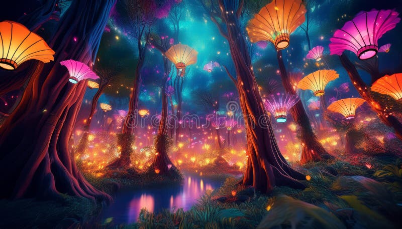 A Vibrant Festival in a Forest Where Trees are Adorned with Glowing ...