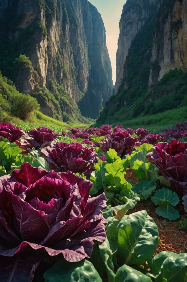 Vibrant Red Cabbage Field in Majestic Mountain Gorge Stock Illustration ...