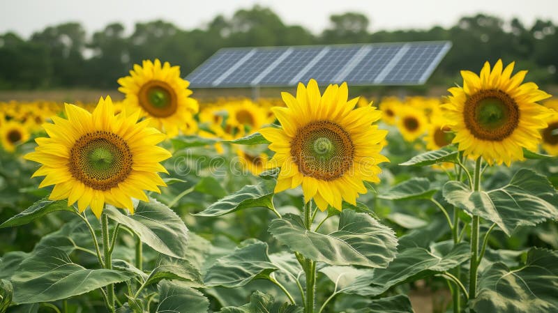 Sunflower Field with Solar Panel Array in the Background, Symbolizing ...
