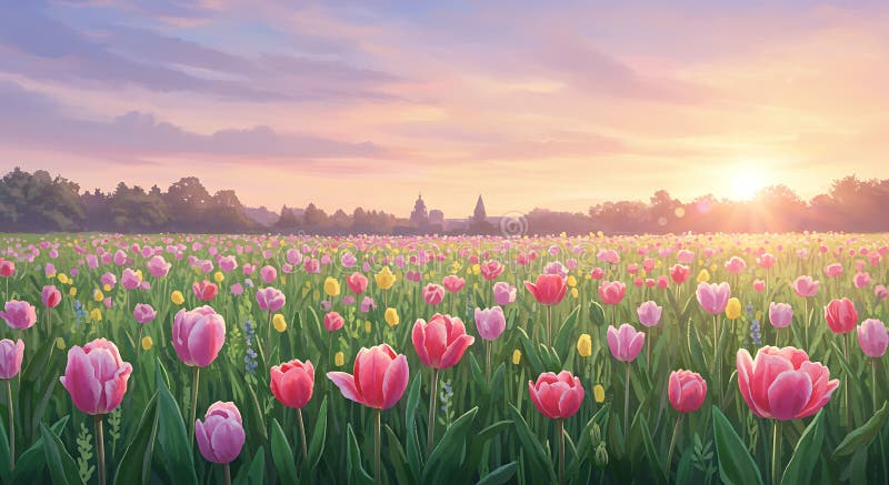 A Vibrant Field of Tulips at Sunset, a Painterly Vision - Generated ...