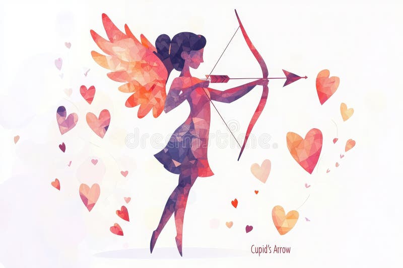 Colorful Illustration of a Winged Figure Shooting an Arrow Surrounded by Hearts Stock ...