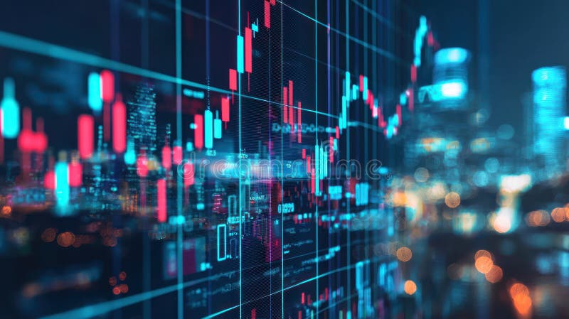 Vibrant Financial Stock Market Graph with Glowing Data Points and City ...