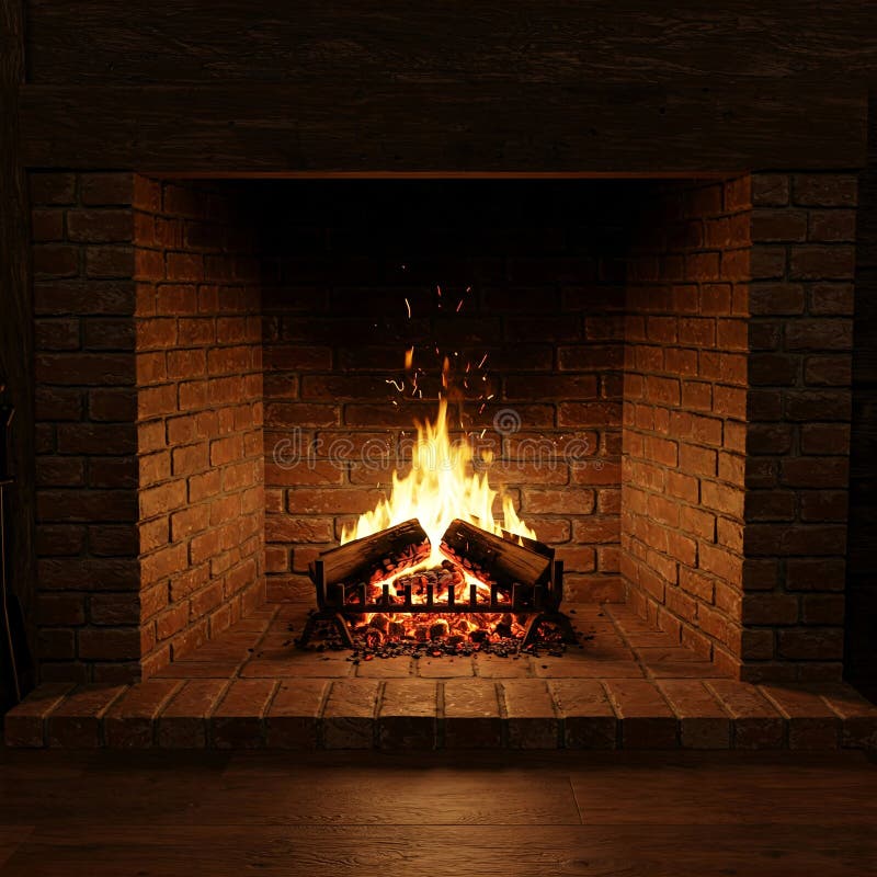 A Vibrant Fire with Burning Logs in a Brick Fireplace Stock ...