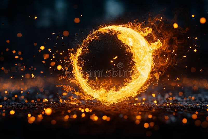 Vibrant Fire Circle Surrounded by Glowing Sparks on Dark Background ...