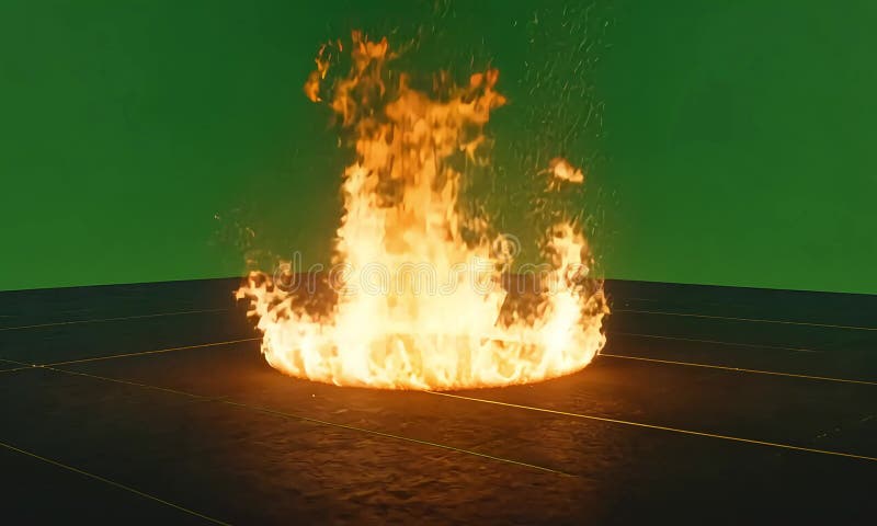 A Vibrant Fire Erupting on a Dark Surface, Surrounded by a Green Screen ...