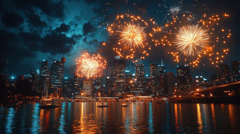 A Vibrant Firework Display Lights Up the Night Sky Over a Cityscape ...