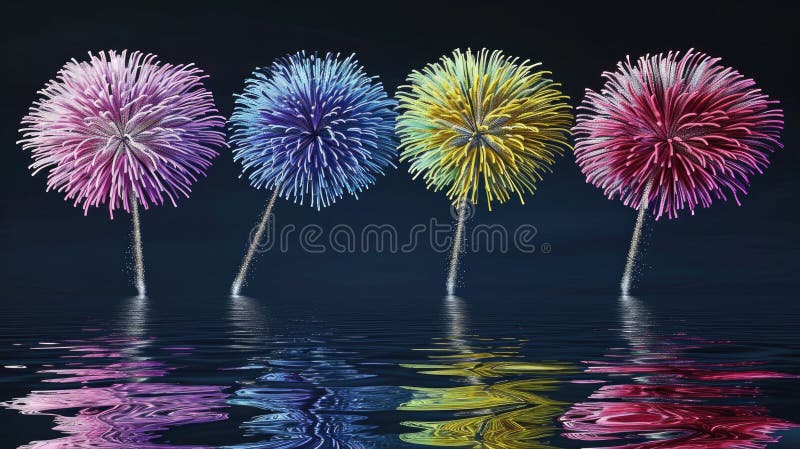 Vibrant Firework Display Reflected in Water at Night. Stock Photo ...