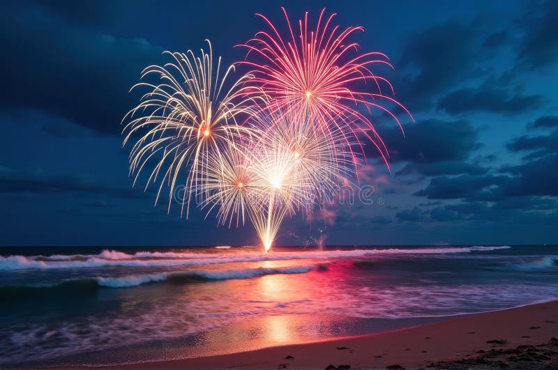 Vibrant Fireworks Burst Over Ocean Waves on Tranquil Beach Evening ...