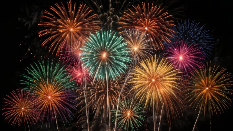 Vibrant Fireworks Bursting in Various Colors Against Black Background ...